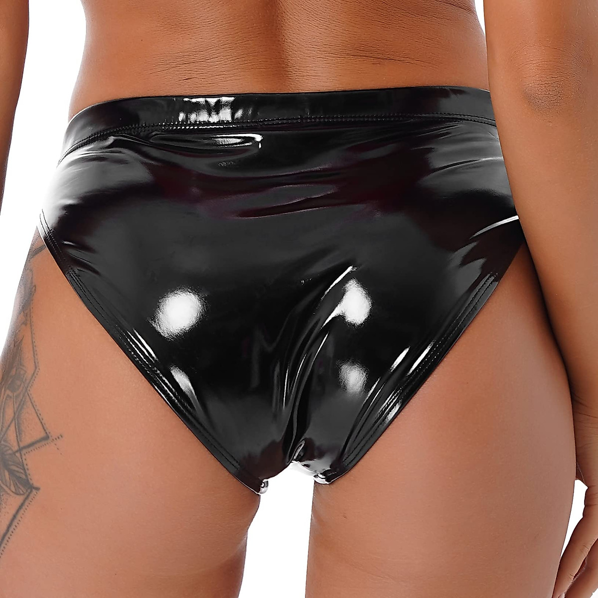 ACSUSS Women Shiny Sexy Shorts Pole Dance Club Shorts Rave Booty Shorts Latex High Cut Bottoms Black Large
