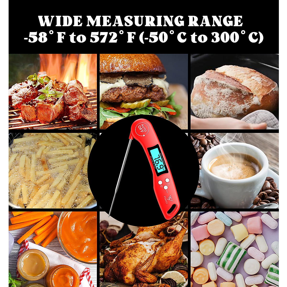 DOQAUS Digital Meat Thermometer, Instant Read Food Thermometer for Cooking, Kitchen Thermometer Probe with Backlit & Reversible Display, Cooking Thermometer Temperature for Turkey Grill BBQ Candy