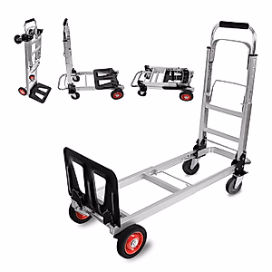 Fineera 3 in 1 Aluminum Hand Truck Dolly Convertible Heavy Duty 460lbs Capacity Folding Hand Truck with 6’’ Rubber Wheels and Telescoping Handles Multi-Position Dolly Platform Hand Cart