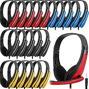 20 Pack Bulk Classroom Headphones with Microphone Students Kids Wired Headphones School Class Set Headphones for School Library Computer Office Meeting Adults 3.5 Jack Universal Plug (Multicolor)