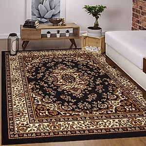 Antep Rugs Kashan King Collection Himalayas Oriental Polypropylene Indoor Area Rug (Black and Beige, 5' x 7')
