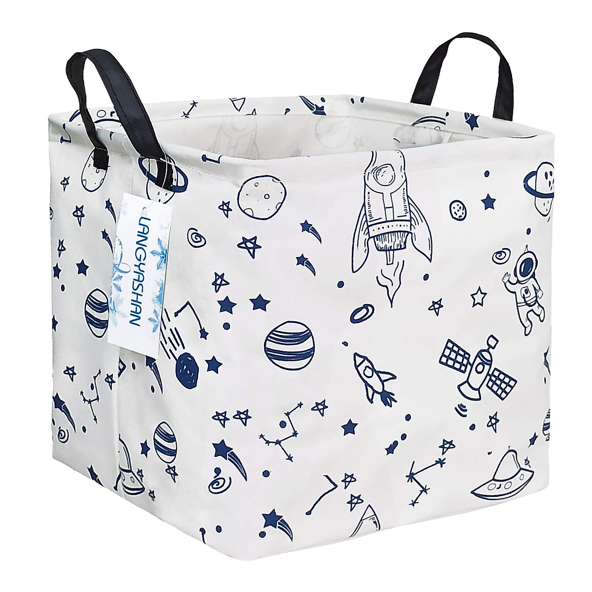 LANGYASHAN Square Storage Baskets Waterproof Canvas Children Laundry Nursery Hamper for Shelves Gift Baskets Toy Organizer Room Decor (Square spaceship)