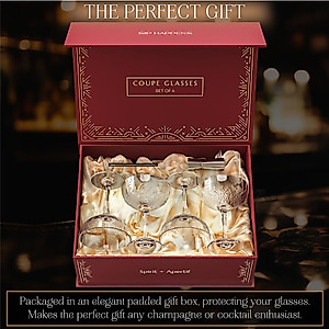 SPIRITIF Set of 4 Coupe Glasses, Includes Jigger and 4 Cocktail Picks for Elegant Glassware Experience. Vintage, Antique Style. 7 oz Cut Crystal Style Glass. For Champagne, Wine, Cocktail, Martini