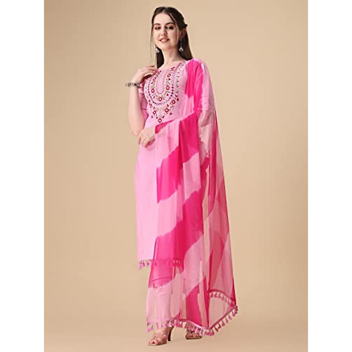 FamLady Embroidered Kurti Set with Pant and Dupatta Indian Art Silk Kurtis for Women (as1, alpha, m, regular, regular, Pink)