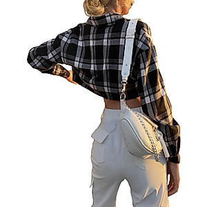 Floerns Women's Long Sleeve Collar Button Down Plaid Crop Top Blouse Black and White M