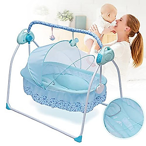 LOYALHEARTDY Baby Cradle Swing 5 Speed Electric Stand Crib Auto Rocking Chair Bed with Remote Control Infant Musical Sleeping Basket for 0-18 Months Newborn Babies, Mosquito Net+Mat+Pillow (Blue)