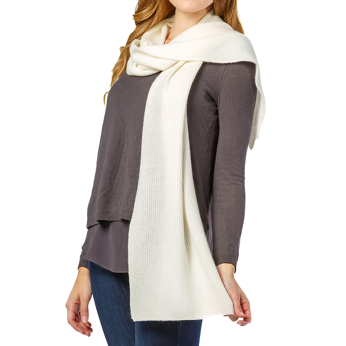 Fishers Finery Women's 100% Cashmere Ribbed Knit Scarf | Gift Box (Cream)