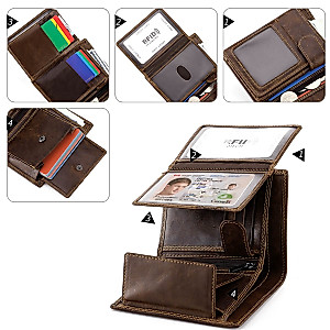 HAWEE Trifold Billfold RFID Blocking Cowhide Leather Wallet for Men 10 Card Slots 2 ID Windows with Coin Pocket, Coffee