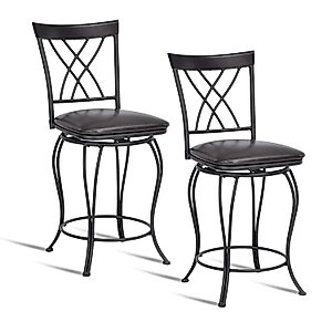 FurnitureR Classic Barstools Set of 2, Elegant Metal Back and Footrest Swivel Counter Height Bar Stools for Kitchen Island Pub, Bistro, Restaurant - Black (24 Inch)