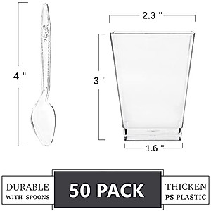 TOFLEN 50ct 5 oz Mini Dessert Cups with Spoons, Clear Plastic Square Dessert Shooters Reusable Party Serving Tumbler Cups for Parfait Appetizer & Dessert Shot Glasses