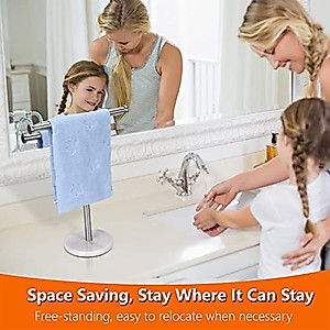 Kalitro Towel Rack with Natural Marble Base T-Shape Hand Towel Holder Stand SUS304 Stainless Steel for Bathroom Vanity Countertop Brushed Nickel Finish (Silver)