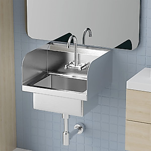 Bonnlo Upgraded Commercial Hand Wash Sink Stainless Steel Prep/Bar Sink with Side Splash Guard - Wall Mount Utility Sink Hand Washing Basin with Faucet for Commercial Restaurant RV Kitchen