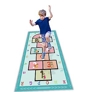 Hopscotch Rug 63”x31, Hop and Count Game Rug with Colorful Alphabet and Animals Design Anti-Slip Kids Play Mat, Soft Floor Area Rug & Carpet Playroom Bedroom Living Room
