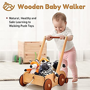 Woodtoe Wooden Baby Walker, Adjustable Speed Anti-Rollover Push Walker Toy for Babies Learning to Walk, Natural Wood Toddler Push and Pull Baby Walker Wagon Gift for Boy Girl 1 2 3(Patent Protection)