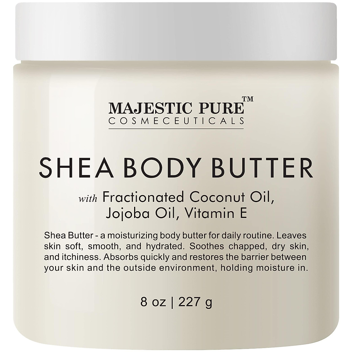Majestic Pure Shea Body Butter - Intense Hydrating with Fractionated Coconut Oil, Jojoba, and Vitamin E - Moisturize for Dry, and Oily Skin - For All Skin Types - Skin Care for Men and Women - 8 oz