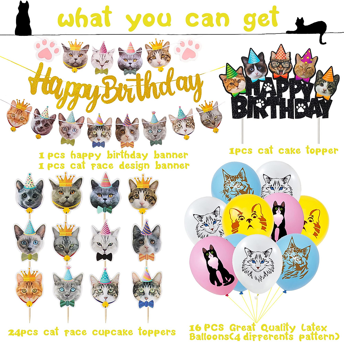 42pcs Cat Birthday Party Decoration Set, Cat Face Banner Latex Balloons Kitten Happy Birthday Cake Cupcake Toppers for Meow Kitty Theme Birthday Party Supplies