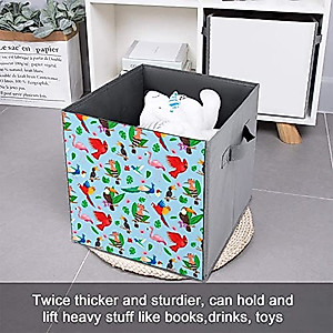 Tropical Birds Jungle Summer PU Leather Collapsible Storage Bins Canvas Cube Organizer Basket with Handles