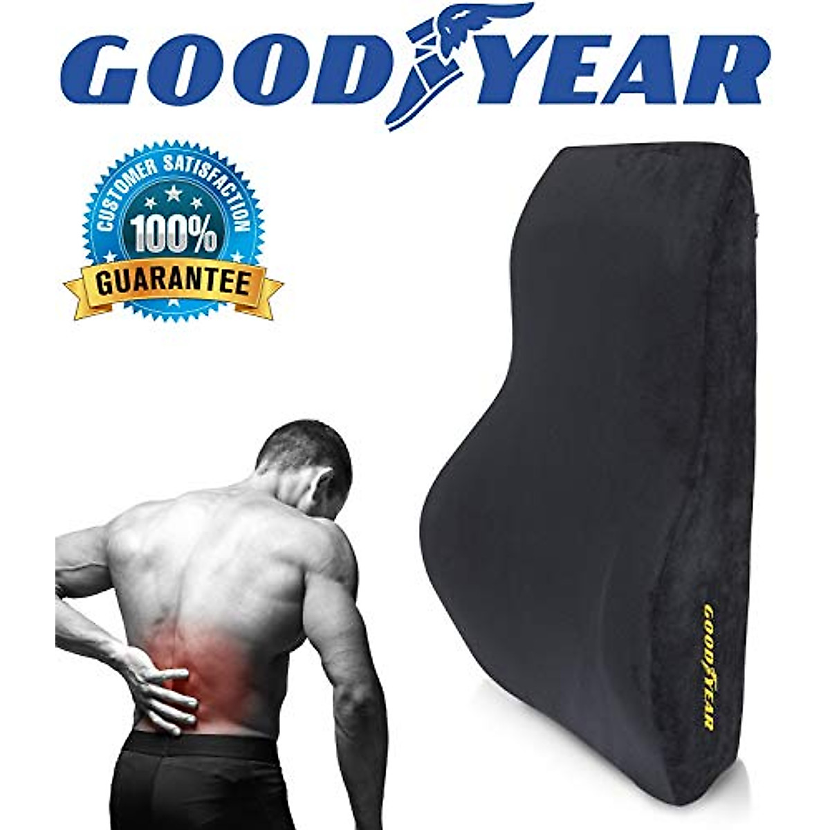 Goodyear GY1015 - Full Size Back Support Pillow for Office Chair or Car / SUV - Helps Relieve Pain - 100% Pure Memory Foam - Improves Posture - Fits Most Seats - Premium Soft Plush