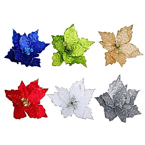 Sucpur 6Pcs Christmas Red Poinsettia Flower, 11 Inch Artificial Glitter Floral Heads Flower Plastic DIY Garden Velvet Decoration Wreath Home Artifical Flowers, White, 210608QY01-5-6-10049-2006202041