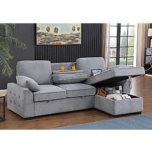 Lilola Home Mackenzie Light Gray Chenille Fabric Sleeper Sectional with Right-Facing Storage Chaise, Drop-Down Table, Cup Holders and Charging Ports