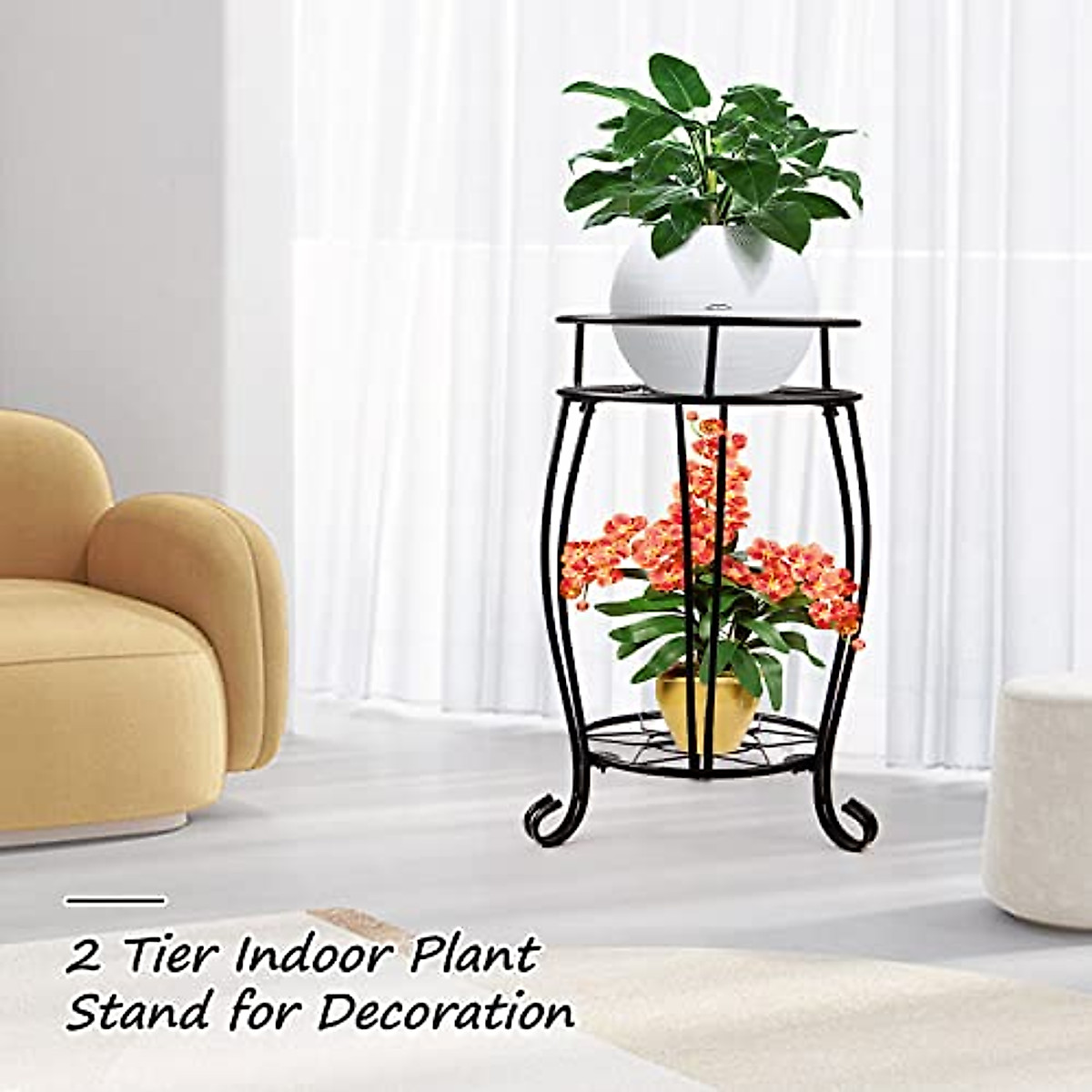GUKJOB Plant Stand Indoor Outdoor, 2 Tier 19inch Tall Metal Plant Stand Rack, Multiple Iron Flower Pot Stand Holder Potted Plant Shelf for Patio Garden Room Balcony Corner Kitchen (Black, 19")