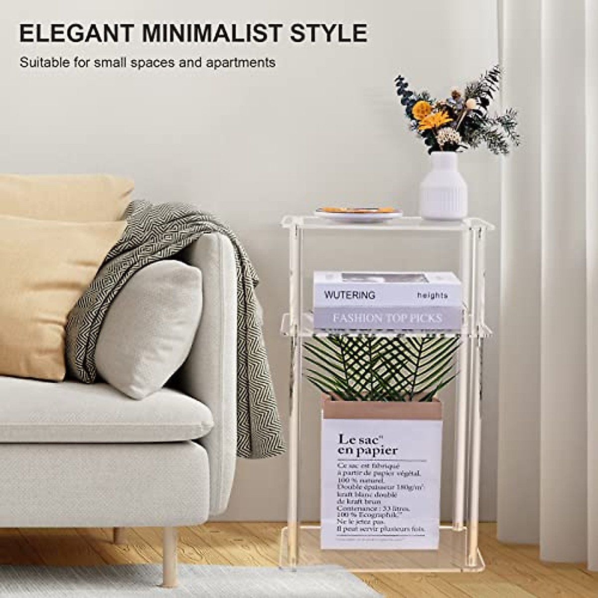 HMYHUM Small Acrylic Side Table for Small Spaces, 14" L x 11.5" W x 23.2" H, Small Nightstand/Bedside Table, Home Accent End Table for Living Room, Bedroom, 3 Tier, Clear