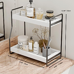 Messmenos Bathroom Organizer Countertop, 2 Tier Solid Wood Vanity Counter Storage Tray, Wooden Stand Organization Shelf for Kitchen&Coffee Bar, Storage Rack for Makeup Perfume Skincare (White)