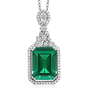 Gem Stone King 925 Sterling Silver Green Simulated Emerald Pendant Necklace For Women (7.10 Cttw, Emerald Cut 14X10MM, with 18 Inch Silver Chain)