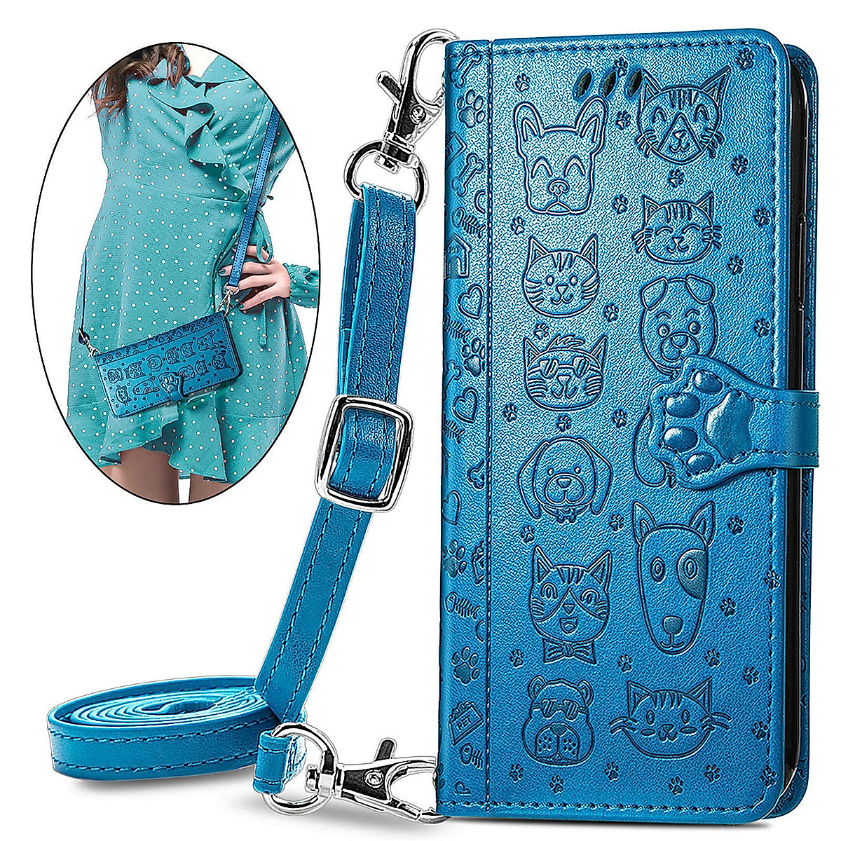 ONV Wallet Case Compatible with Samsung Galaxy S9 Plus - Adjustable Strap Animal Leather Case Folio Cover Card Holder Anti-Shock Stand Magnet Flip Case Compatible with Samsung Galaxy S9 Plus[MG] -Blue