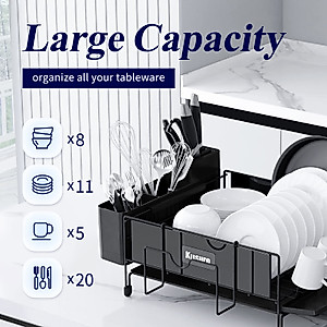 Kitsure Dish Drying Rack Large - Stainless Steel Dish Rack for Kitchen Counter, Dish Drainer with Drainboard Connected to The Sink, Dish Holder for Cups, Cutlery & Cutting Board, Black, Single-tiers