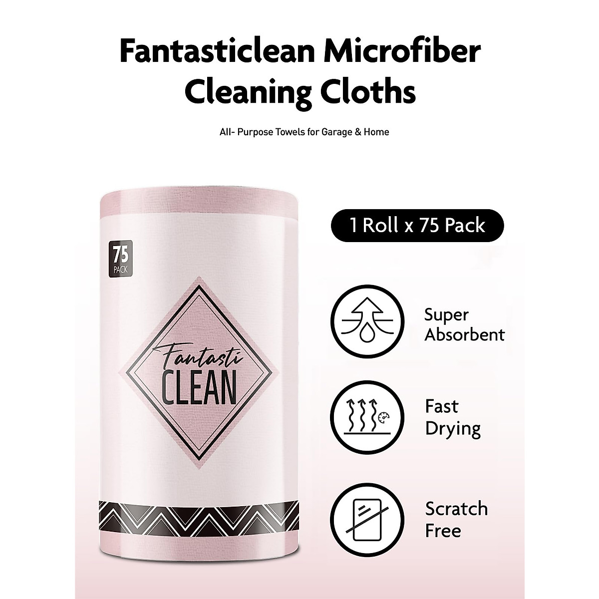 Fantasticlean Microfiber Cleaning Cloth Roll -75 Pack, 12x12", Tear Away Towels, Reusable Washable Rags (Pink)