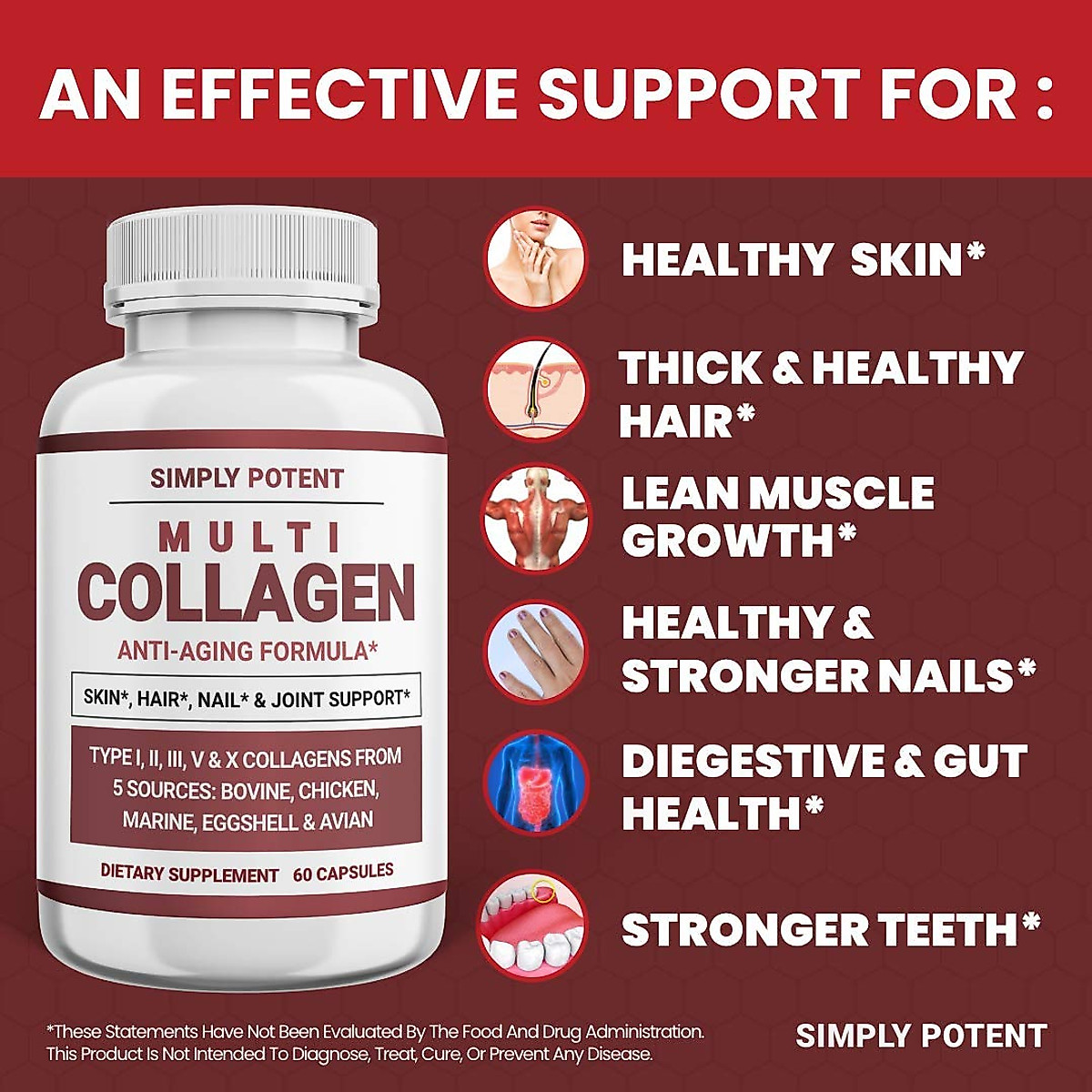 Multi Collagen Peptides Powder Pills, High Bioavailable Hydrolyzed Collagen Protein Supplement with 5 Collagen Types I, II, III, V, and X for Skin, Hair, Nail & Joint Support, 60 Capsules