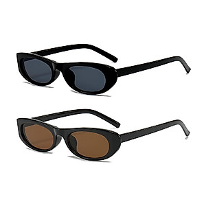 EYLRIM Trend Narrow Cat Eye Sunglasses for Women Fashion Small Oval Sun Glasses Black Shades(2 Pack (A3 Black/Grey + Black/Brown))