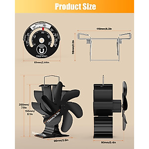 HIDALIFE Wood Stove Fan for Heater, Heat Powered Fireplace 6 Blades Fan with Bracket Compatible for Mr Buddy Heater,Thermal Tent Heater Fan for Camping Propane Heater with Magnetic Thermometer