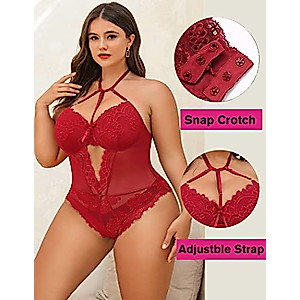 Avidlove Plus Size Lingerie for Women Snap Crotch Lace Bodysuit Teddy Lingerie One Piece Babydoll Nightgown Wine Red