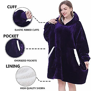 Kipswiza Oversized Wearable Blanket Sherpa Fleece Thick Warm Hoodie Blanket Big Hooded Sweatshirt Hoodie Blanket for Adults Women Girls Teenagers Teens Men Dark Purple
