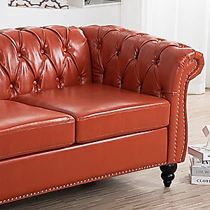 GEEVIVO 84.65" Large Sofa, Mid-Century PU Leather Sofa Modern Tufted Upholstered Futon Sofa Couch with Removable Cushion 3 Seater Scroll Arm Sleeper Sofa for Living Room/Bedroom/Apartment(Orange)