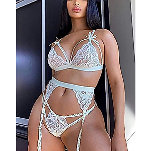 Women Plus Size Lingerie - Sexy Bow Lace Bodysuit Exotic Strap Harness Bra Panty Garter Belt 3pcs Set(White,3XL,688a)