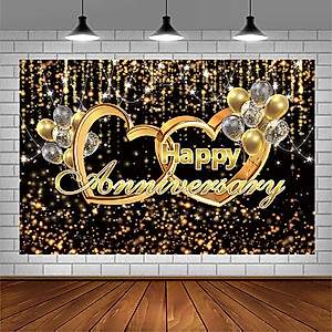 AIBIIN 10x7ft Black Gold Happy Anniversary Backdrop Gold Glitter Bokeh Spot Wedding Anniversary Bridal Shower Photography Background Cheers to Wedding Miss to Mrs Party Decoration Banner Photo Prop