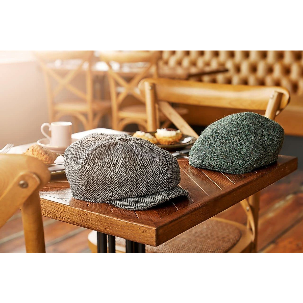 Hanna Hats Traditional Irish Tweed Wool Donegal Touring Cap - Dark Green Fleck Salt & Pepper. Unisex Flat Style Ivy Hat. Sewn Down Peak and Taffeta Lining. 100% Made in Ireland Medium 58-59cm.