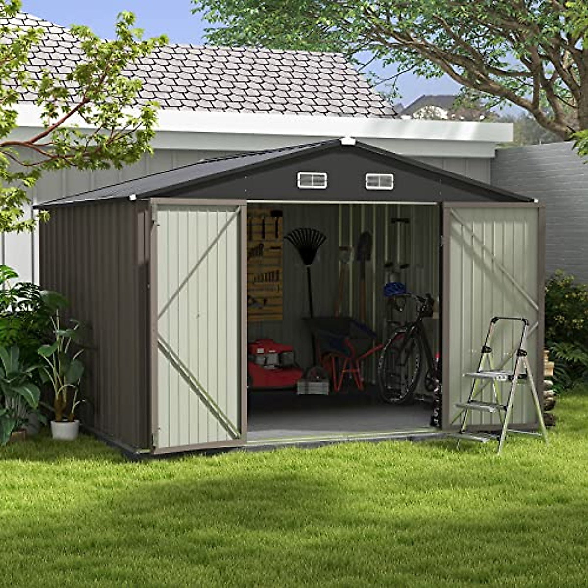 Patiowell 10 x 10 FT Outdoor Storage Shed, Steel Yard Shed with Design of Lockable Doors, Utility and Tool Storage for Garden, Backyard, Patio, Outside use,Brown
