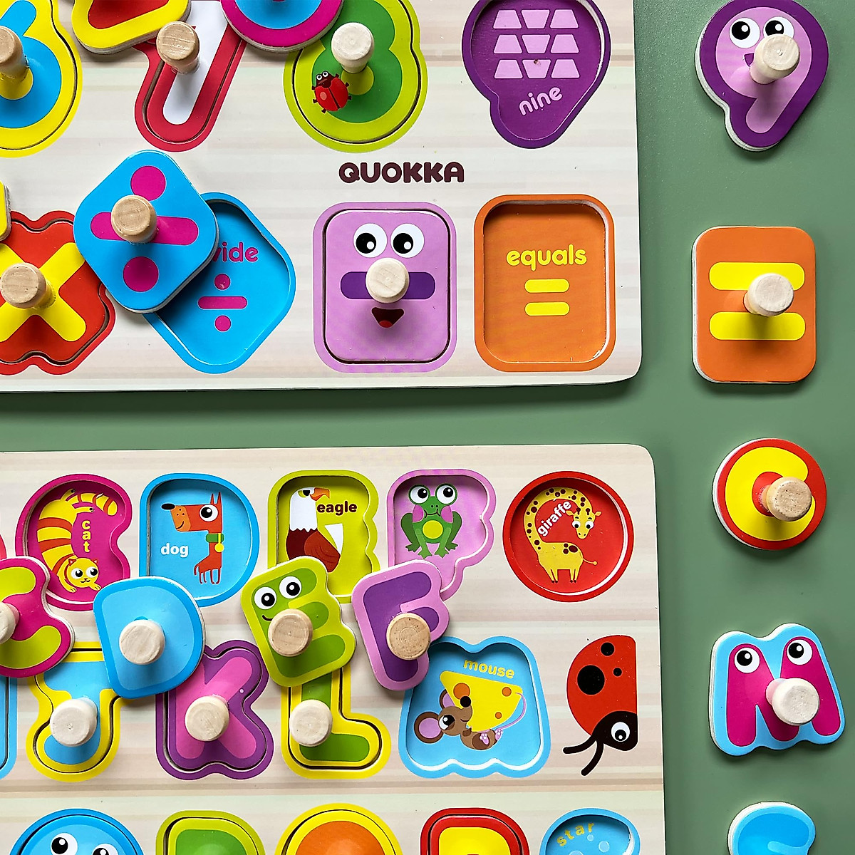 QUOKKA Wooden Puzzles for Toddlers Ages 1-3-5 in a Bag – Alphabet Learning Kids Puzzle 2-4 Year Old – Educational Wood Travel Toy with ABC Numbers Letters Animals – Gift Game for Boys and Girls