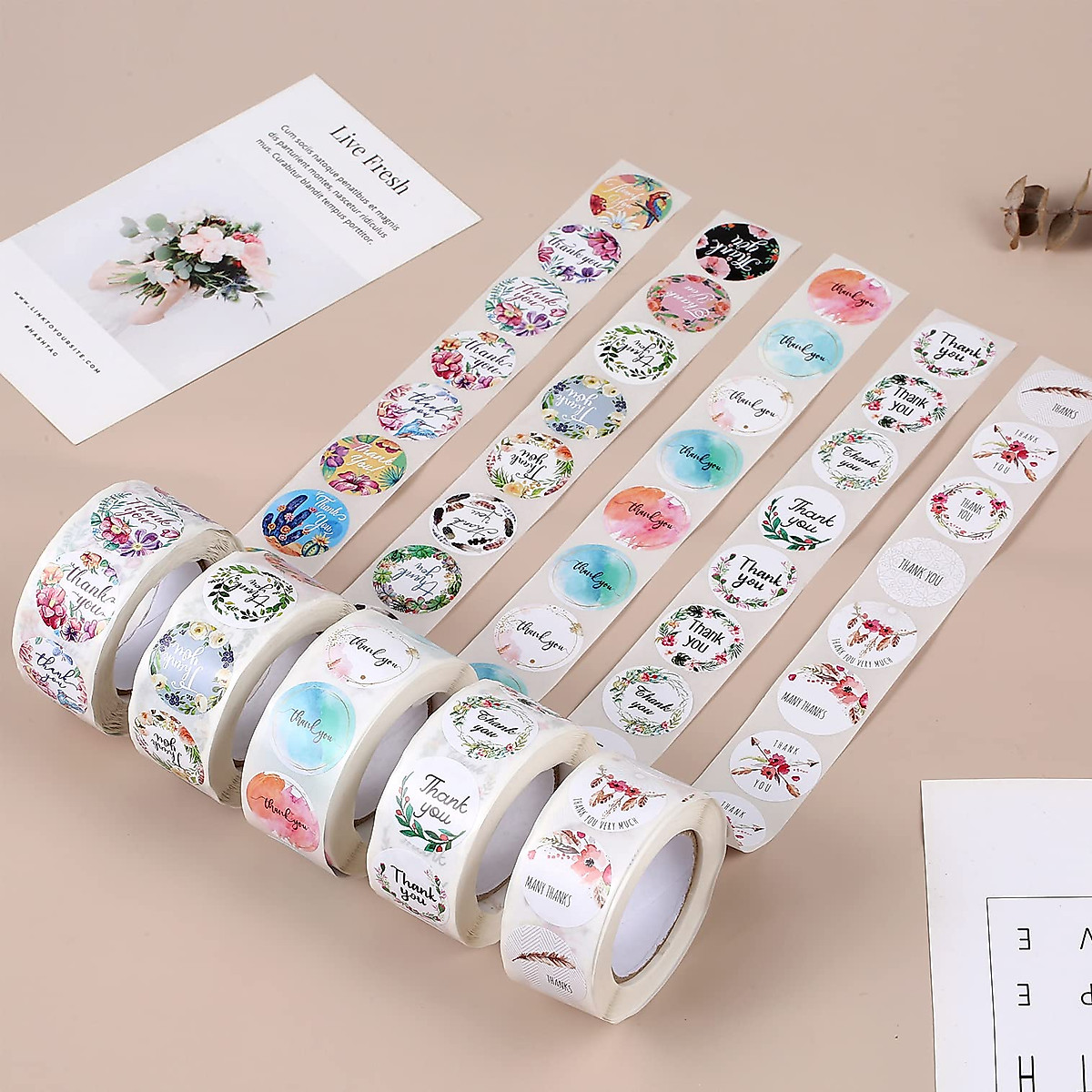 Thank You Stickers 2500 Pieces Round Kraft Label Seals Small Business Stickers for Greeting Cards Envelopes Decor or Gift Bags Packaging (5 Rolls Pattern B)