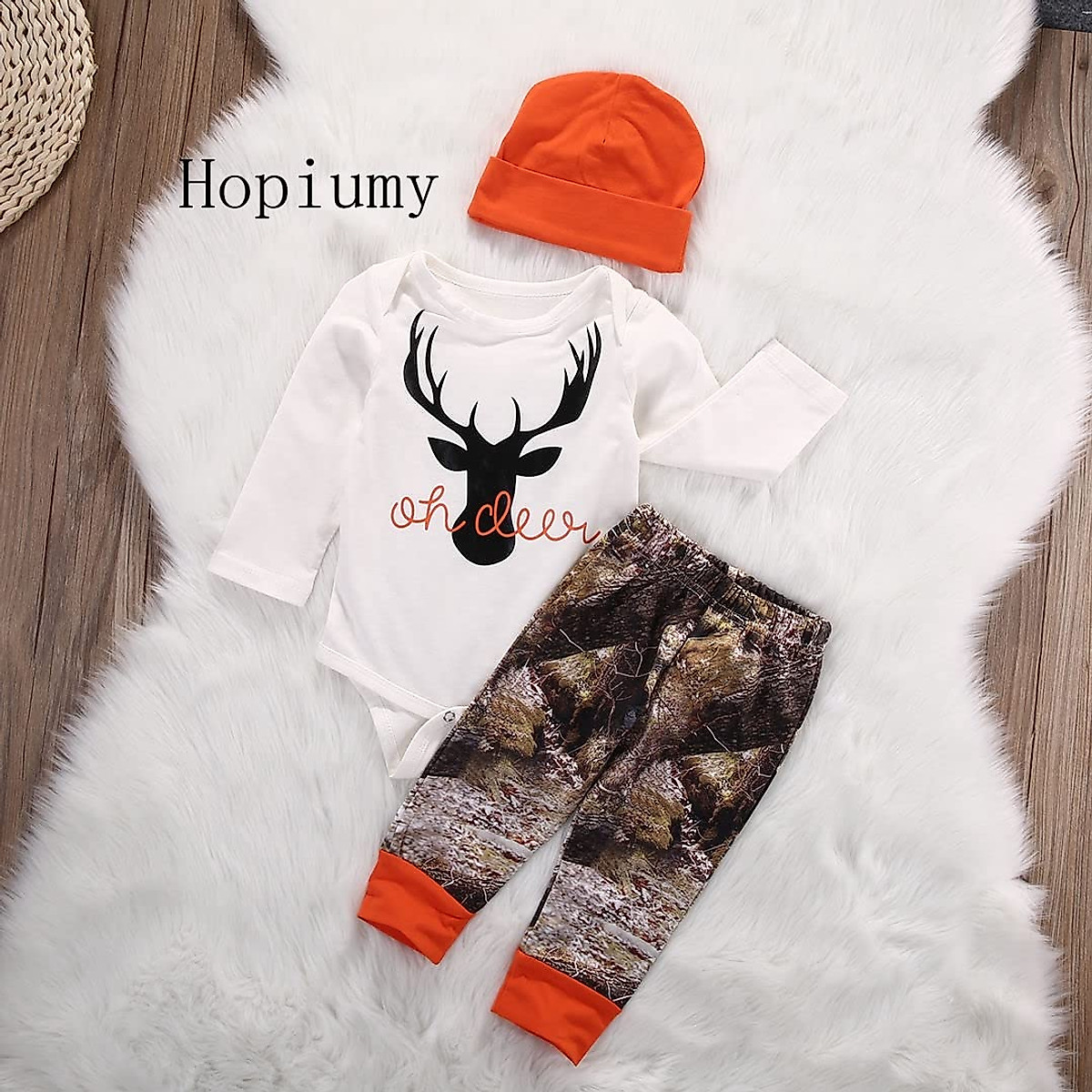 Newborn Baby Boy Deer Printed Grey Tshirt Top Camouflage Pants Hat 3Pcs