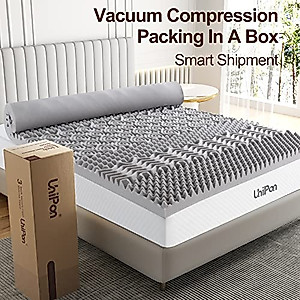 UniPon 3 Inch Egg Crate Memory Foam Mattress Topper, Charcoal Infused Mattress Topper, 7 Zones Foam Bed Topper, CertiPUR-US Certified (Queen)