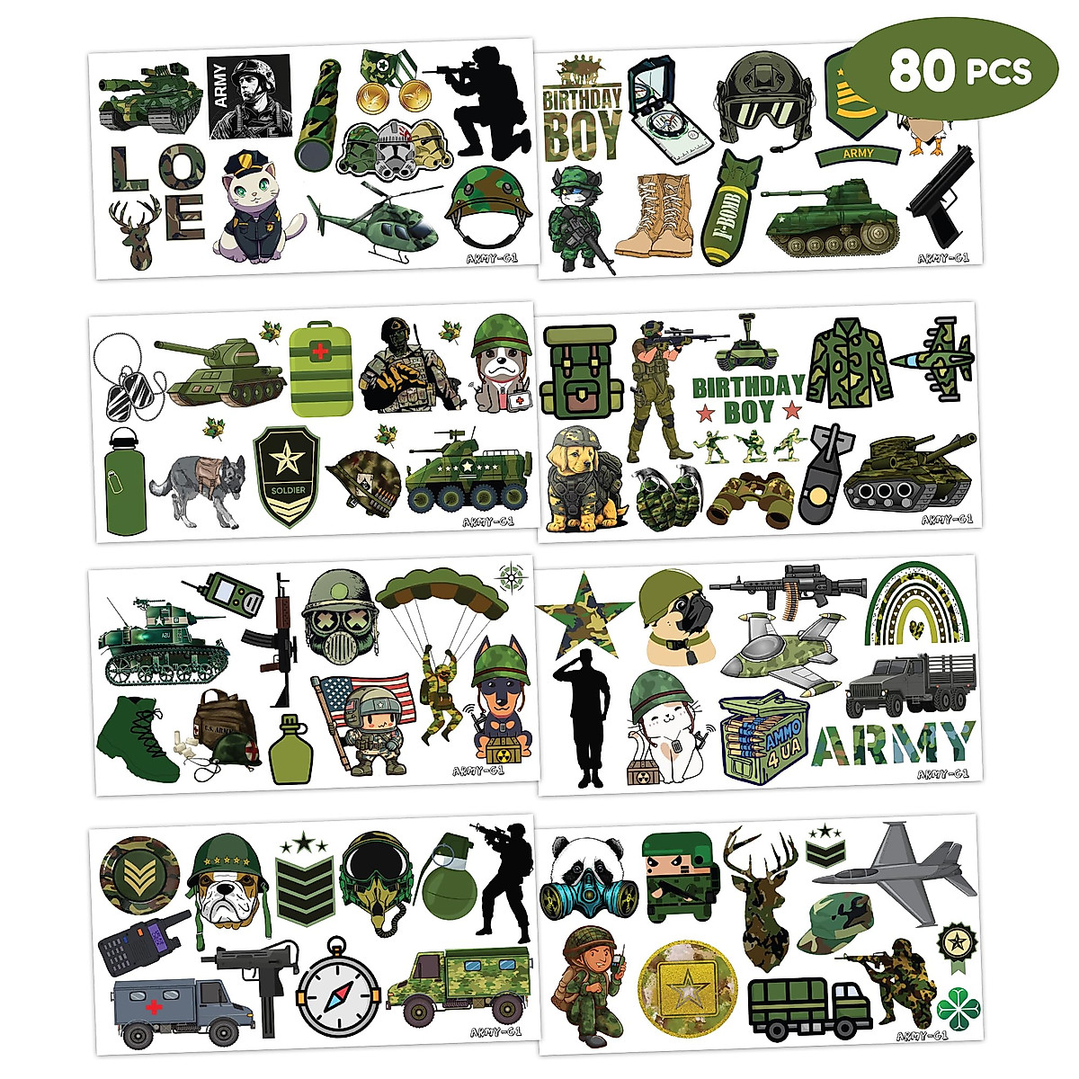 Army Temporary Tattoos - Memorial Day 80PCS Military Camouflage, Camo, Veterans Day Themed Stickers for Kids Birthday Party Supplies, Decorations, Favors and Prizes - Cute Gifts for Boys and Girls