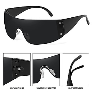 Fozono Trendy Rimless Star Y2K Sunglasses for Women Men Shield Oversized Wrap Around Frameless Sunglasses UV400 Protective Black-Gray