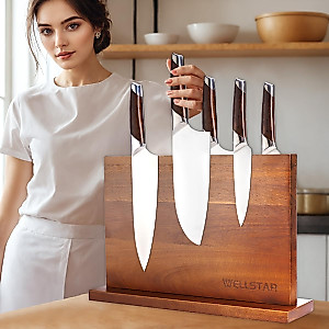 Modern Acacia Magnetic Knife Block Holder 14 x 10 Inches, Large Dual-Sided Strong Magnet Wood knives Stand, Luxurious Kitchen Counter Rack Organizer for a Stable and Stylish Cutlery Display