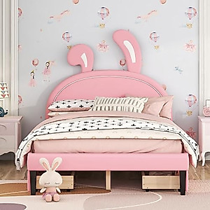 HBRR Full Upholstered Platform 4 Drawers and Bunny Ears Headboard, Wooden Bed Frame Size with Storage for Kids Teens Boys & Girls, No Box Spring Needed, Pink