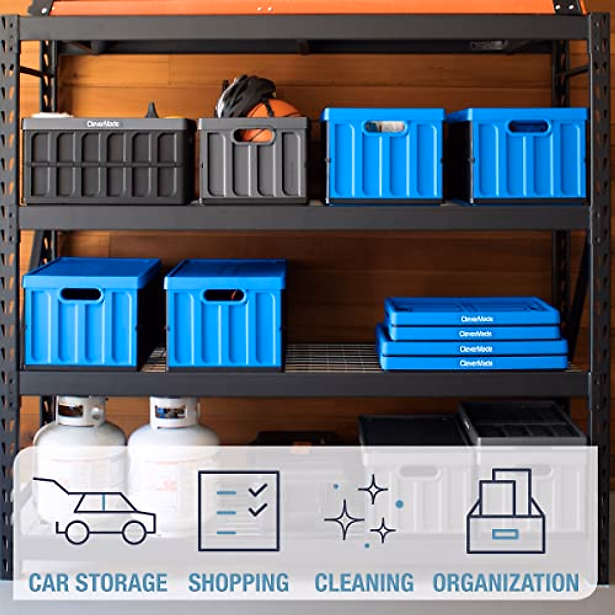 CleverMade 62L Collapsible Storage Bins with Lids - Folding Plastic Stackable Utility Crates, Solid Wall CleverCrates, 3 Pack, Charcoal (8034119-1533PK)